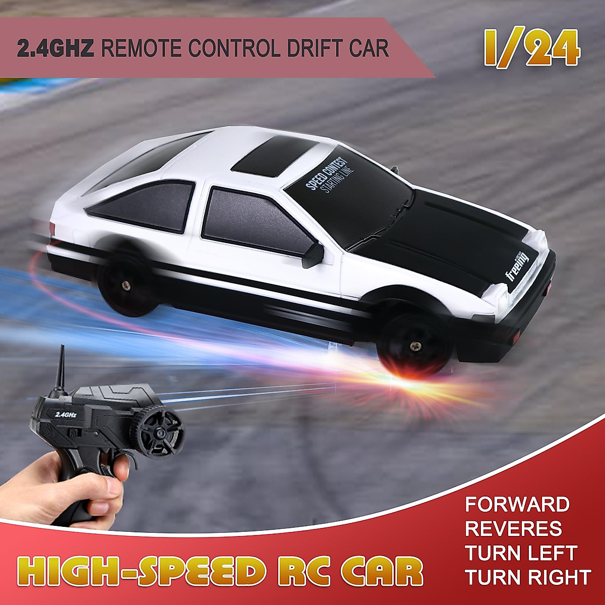 Remote Control Car RC Drift Car 2.4GHz 1:24 Scale 4WD 15KM/H High Speed Model Vehicle with LED Lights Drifting Tire Racing Sport Toy Car for Adults Boys Girls Kids Gift 2Pcs Rechargeable Batteries