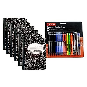 6-Pack Black Marble Composition Notebook, 9-3/4" x 7-1/2", Wide Ruled, 100 Sheet - 18 Piece School Combo Pack, Pens - Highlighters - Mechanical Pencils - Refills (6 Notebooks, 18 Combo Pack)