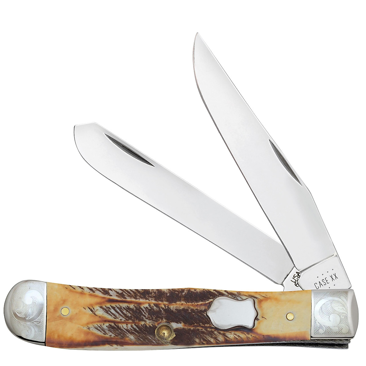 Case WR XX Pocket Knife Trapper 6.5BoneStag Handle with Tru SharpTM Stainless Steel Blades and Scrolled Bolsters Trapper 4 1/8 inches Closed