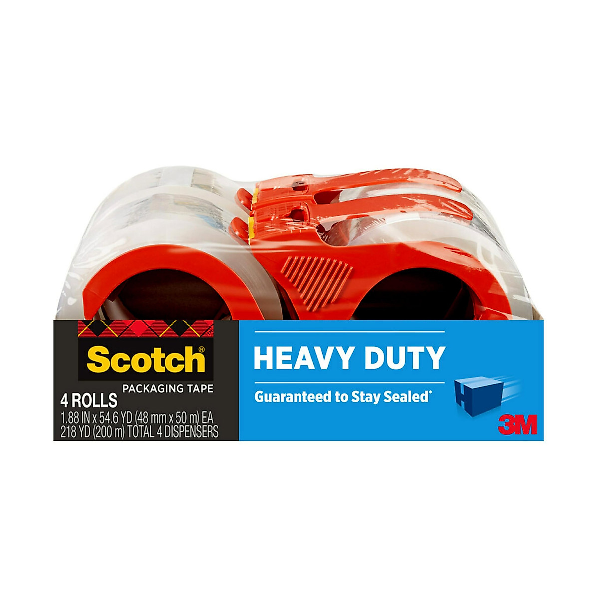 3M Scotch Heavy Duty Shipping Packaging Tape – 1.88 in x 54.6 yds, Clear – 4 Rolls with 2 Dispensers – Strong Seal for All Box Types