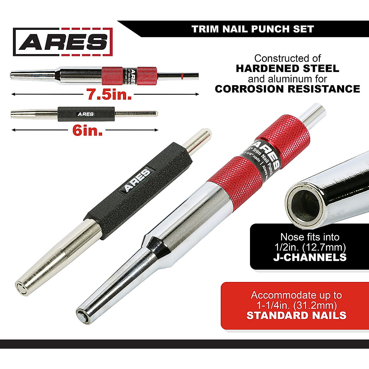 ARES 10117 2-Piece Trim Nail Punch Set 6-Inch and 7.5-Inch Punches Drive Nails Up to 1-1/4-Inch (31.2mm)