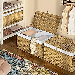 Greenstell Storage Basket with Lid, Handwoven Large Shelf Basket with Cotton Liner and Metal Frame, Foldable & Easy to Install, Storage Box Basket with Handle for Bedroom, Laundry Room Natural 105L