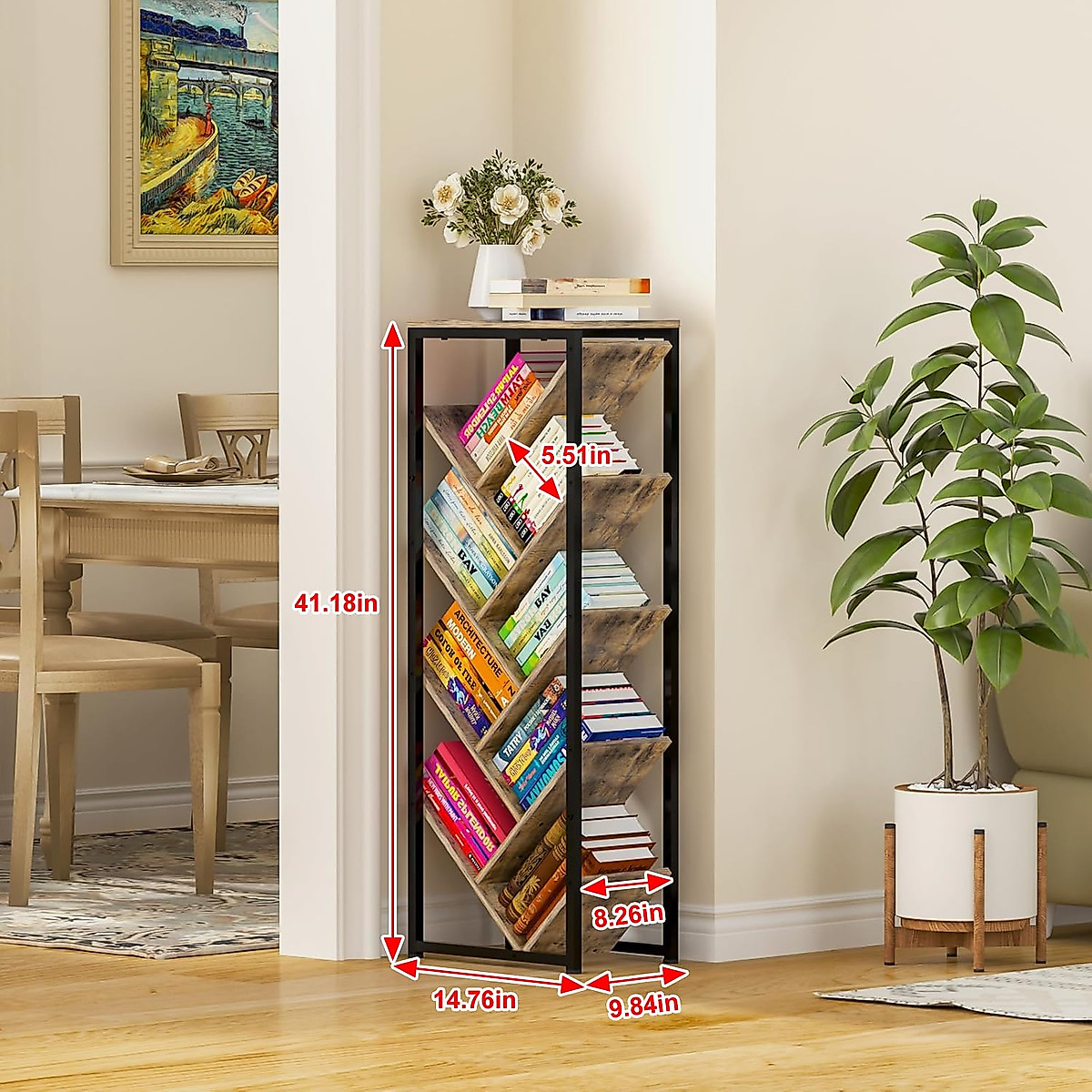 Cutogxon Tree Bookshelf - 9 Tier Floor Standing Tree Bookshelf for CDs/Movies/Books, Small Bookshelf for Small Spaces Bookshelves Wooden Book Storage Organizer Shelves for Bedroom Living Room