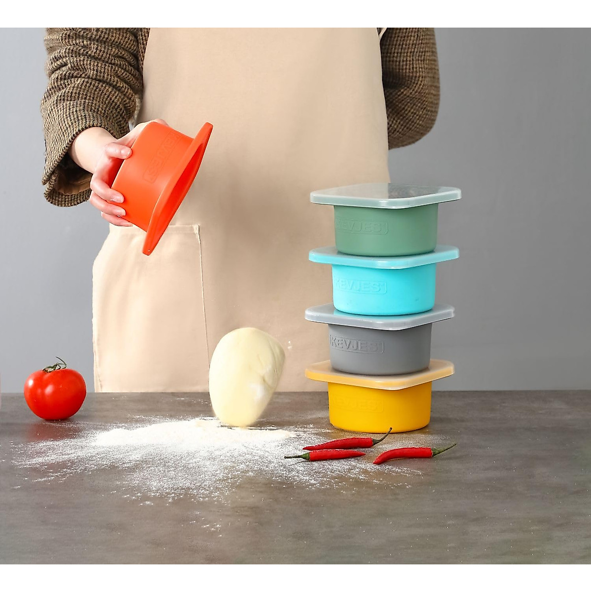 KEVJES Stackable Silicone Pizza Dough Tray with Lids-500ml portion-6pack (2 Green+2 Blue+2 Grey)