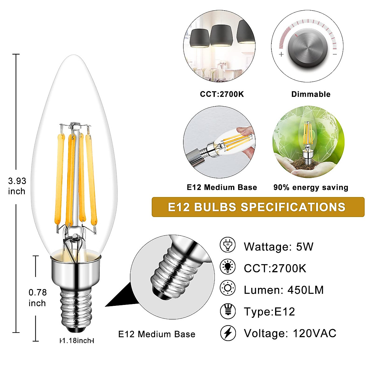 truestory B10 LED Candelabra Light Bulb,E12 Base 5W Equivalent 50W, Warm White 2700K, Filament Clear Glass, Dimmable, Pack of 6