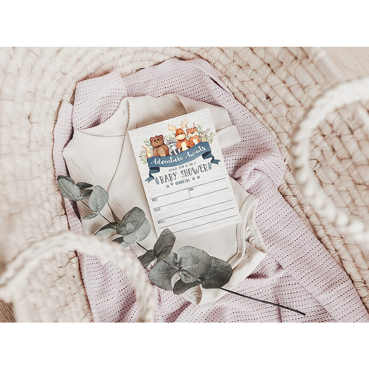 Blue Woodland Baby Shower Invitations, Forest Animal Baby Shower Invitations for Boy, Adventure Awaits Lumberjack with Bear, Moose, Raccoon, Deer, Baby Sprinkle, 20 Fill in Invitations and Envelopes