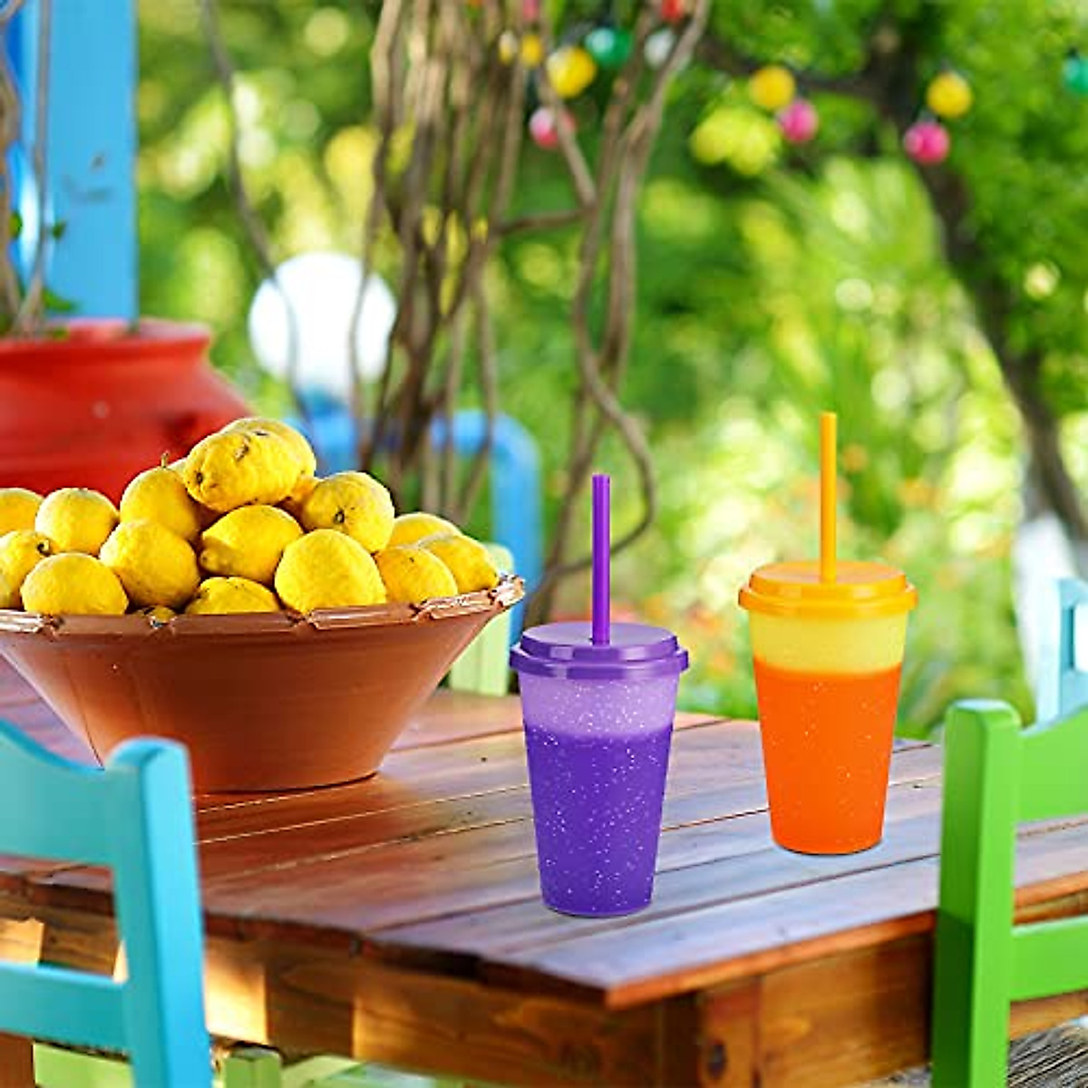Color Changing Cups with Lids & Straws - 7 Pack 12 oz Reusable Cute Plastic Tumbler Bulk - Kids Small Funny Travel Straw Tumblers/Adults Iced Cold Drinking Party Cup