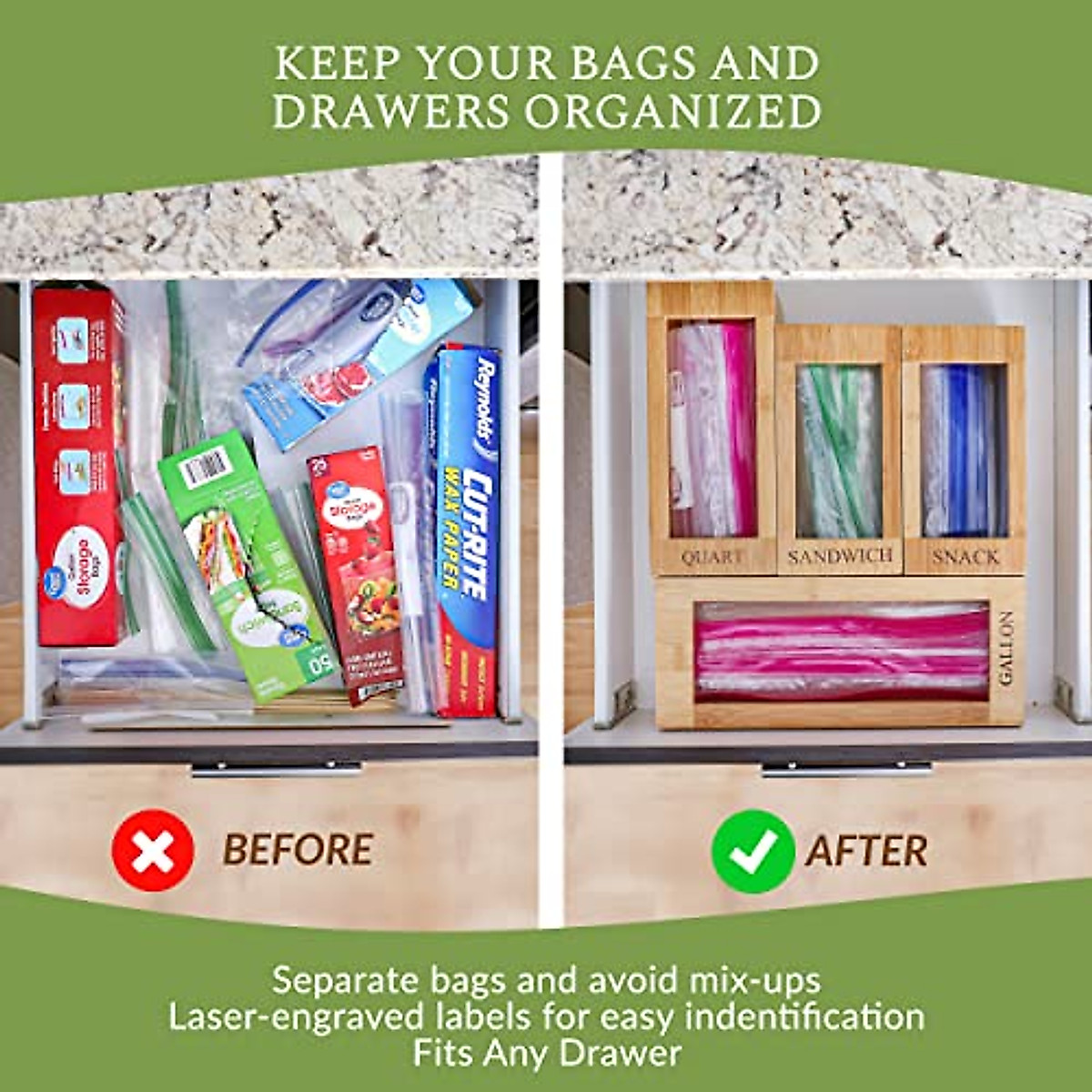Bamboo Ziplock Baggies Organizer for Drawer - Food Ziplock Bag Storage Organizer - 4 Piece Bamboo Plastic Bag Ziplock Organizer for Drawer - Storage for Gallon, Quart, Sandwich & Snack Bags - LARGER Size Quart Container - Kitchen Ziplock Bag Organizer
