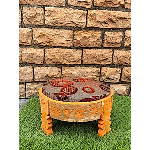 Wooden Indian Round Carving Chakki Table With Custion,Indian Decor Coffee Table,Wood Table,Side Table,Grinder Table,Dining Table.
