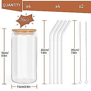 HONFAA 4 Pack Glass Cups with Lids and Straws, 16oz Beer Can Shaped Drinking Glasses, Iced Coffee Glass Tumbler,Cute Cups for Whiskey, Soda, Tea, Water
