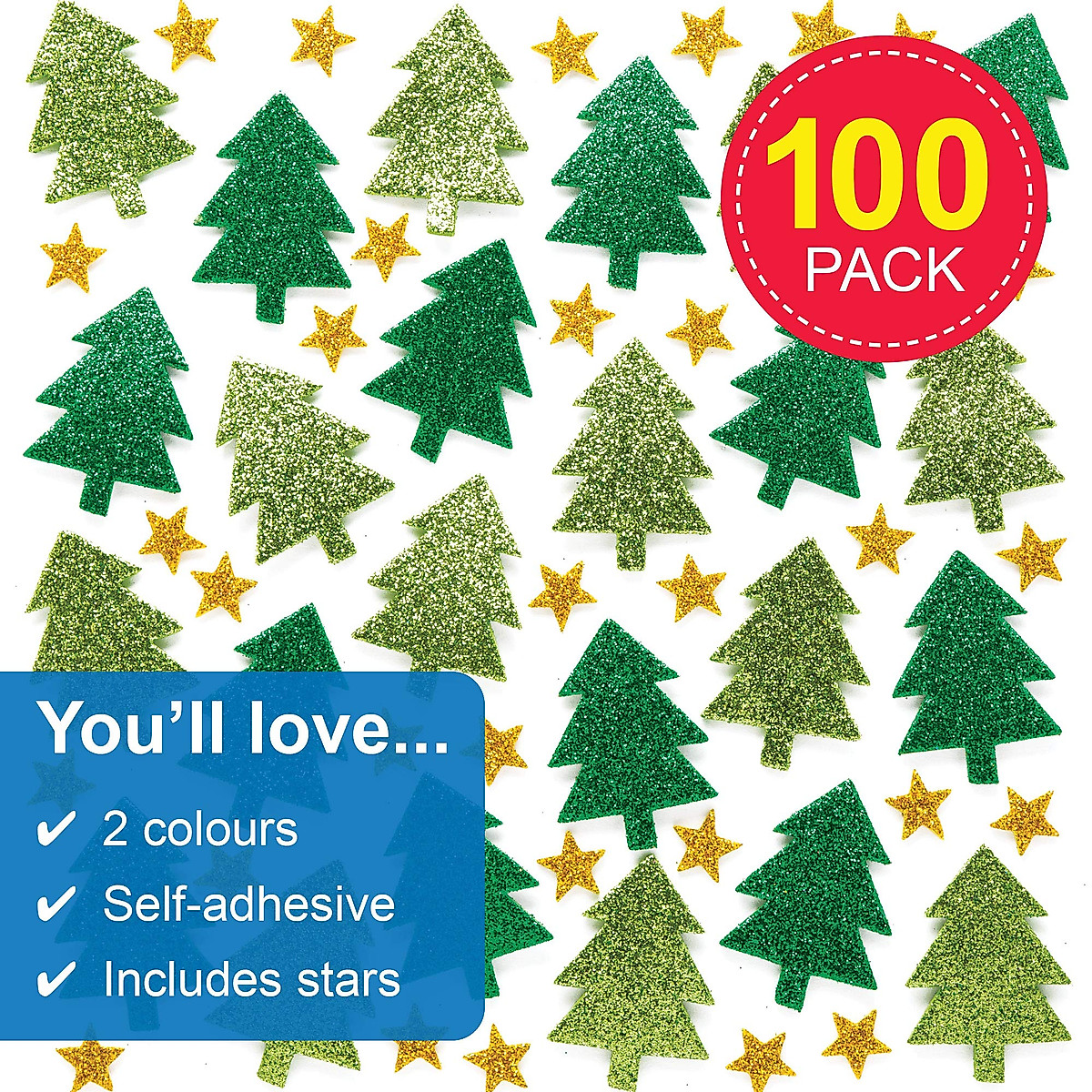 Baker Ross AR713 Christmas Tree Glitter Stickers - Pack of 100, Christmas Stickers for Arts and Crafts