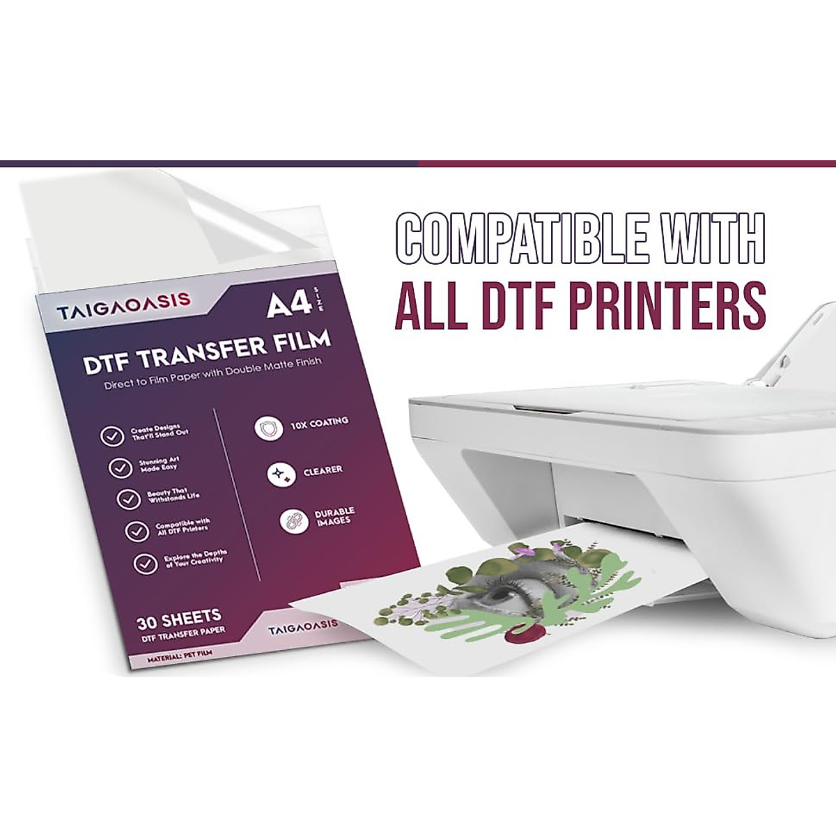 TAIGAOASIS DTF Transfer Film A4-30 Sheets - 8.3 x 11.7 Inches - Anti-Static DTF Transfer Paper - Direct to Film Paper with Double Matte Finish - 10X Coating for Brighter, Clearer, Durable Images