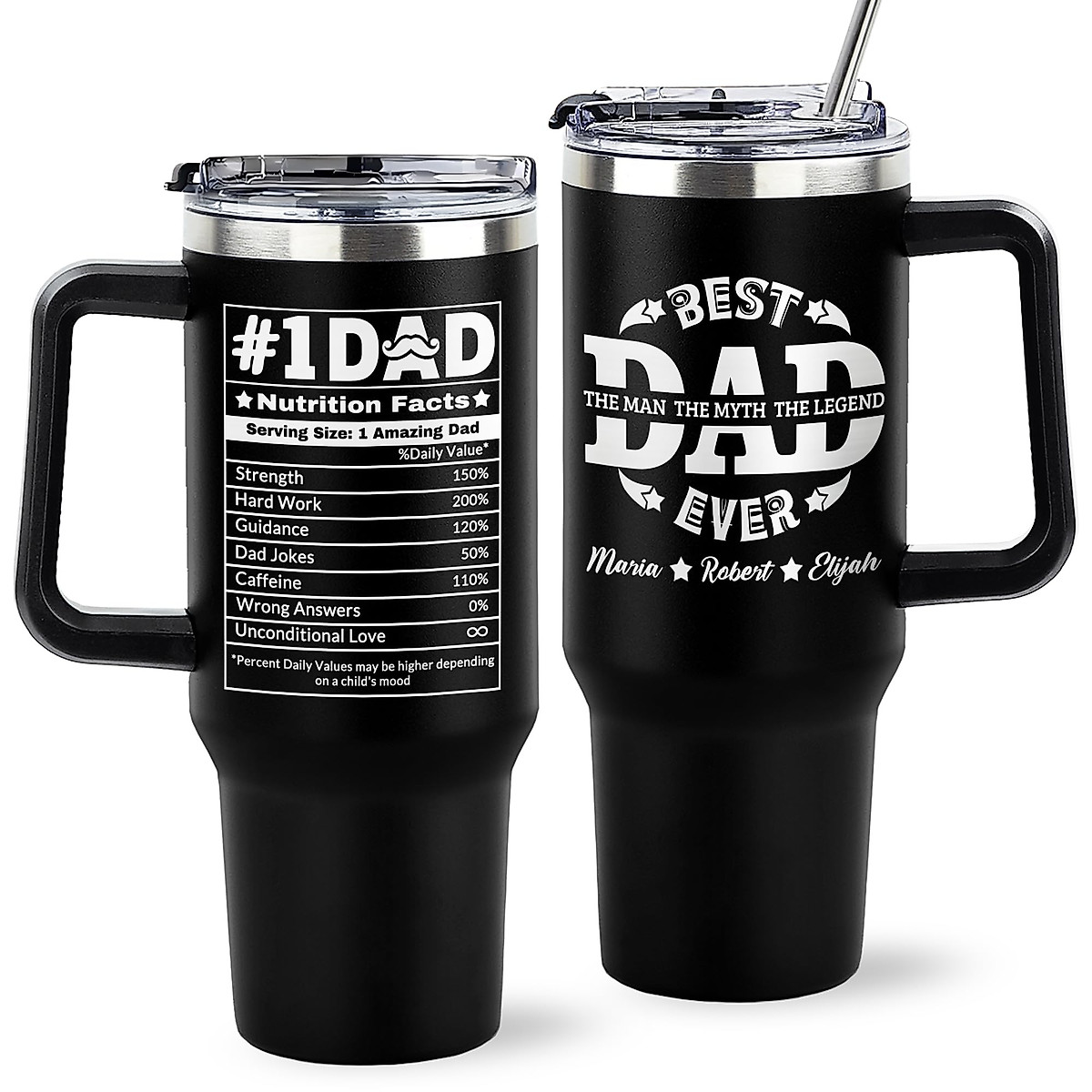 BMYDIY Personalized Fathers Day Birthday Gift for Dad, Customizable 40 Oz Tumbler with Handle Leak-proof Lid and Straw, Custom Extra Large Stainless Steel Insulated Cup/Coffee Mug/Travel Mug with Name