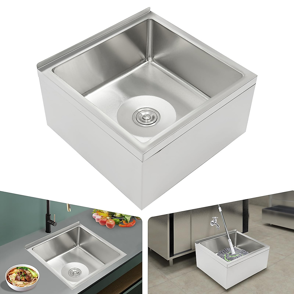 Commercial Mop Sink Floor Basin 24x24x13" 304 Stainless Steel Mop Service Basin with Quick Draining Filter Basket Household Mop Bucket Single Bowl Kitchen Sink Prep&Utility Sink