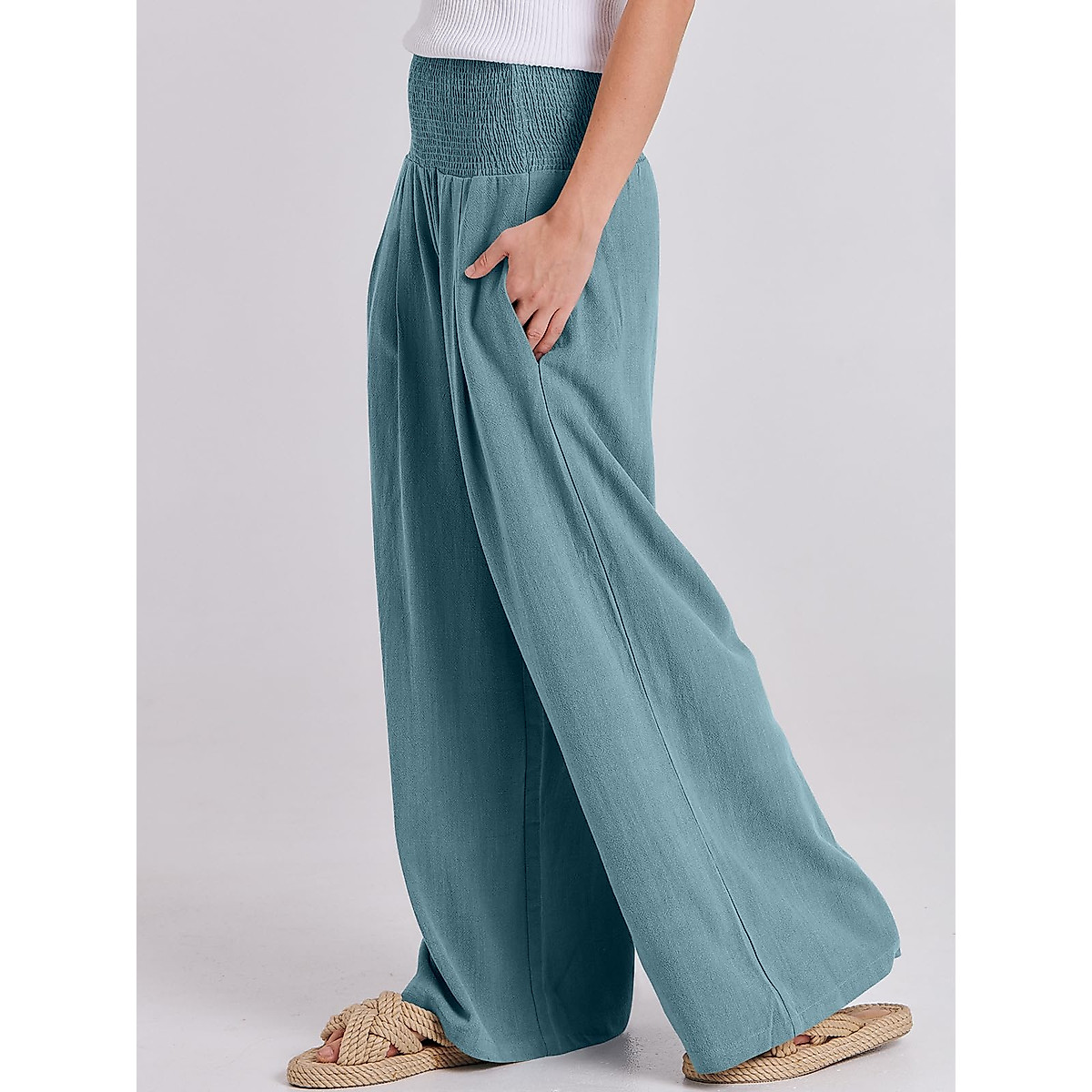 ANRABESS Women Linen Palazzo Pants Summer Boho Wide Leg High Waist Casual Lounge Pant 2025 Beach Travel Vacation Outfits Lake Small