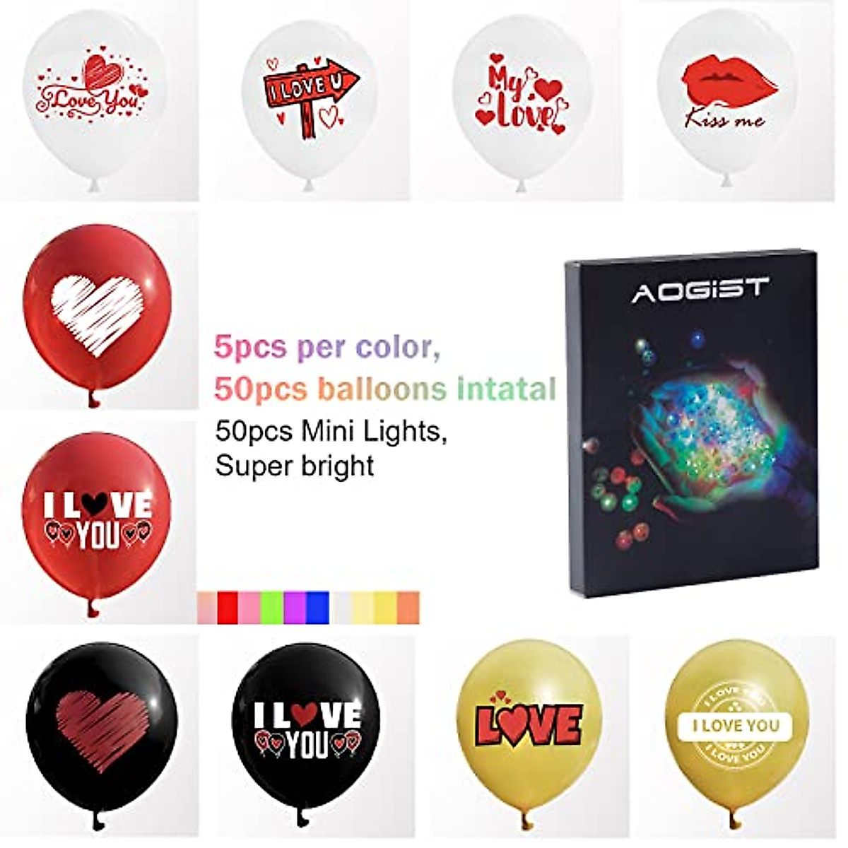 Aogist 50pcs Mini Lights&I Love You Balloons,Long Standby Time Waterproof LED Balloon Light for Valentine Day Wedding Anniversaries Mother's Day Party Decorations
