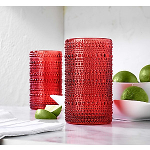 Glaver's Hobnail Drinking Glasses Set of 4 Red Vintage Glassware. 15 Oz. Everyday and Holiday Dinner Beaded Drinking Glasses for Water, Juice, Cocktail.