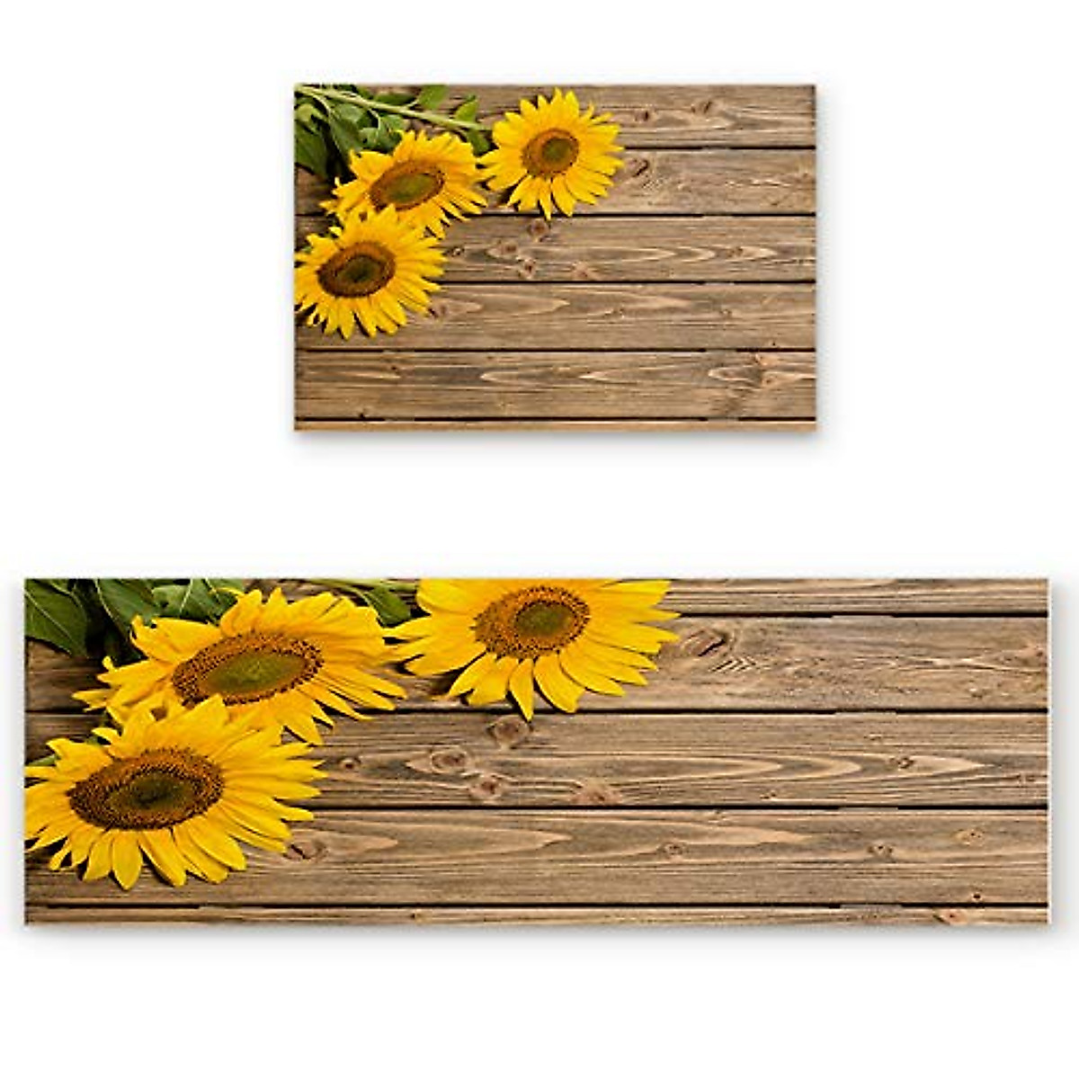 Kitchen Rugs Sets 2 Piece Floor Mats 3 Sunflower on The Wooden Table Doormat Non-Slip Rubber Backing Area Rugs Washable Carpet Inside Door Mat Pad Sets (15.7" x 23.6"+15.7" x 47.2")