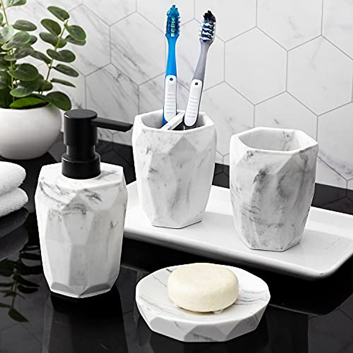 MyGift 4 Piece Modern Bathroom Accessory Set with Marbled Pattern and Geometric Design Includes Lotion Dispenser, Toothbrush Holder, Tumbler, Soap Dish