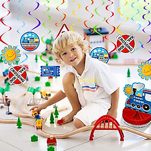 Train Birthday Themed Party Decorations Set, Happy Banner Train, Train Centerpiece, with 6 Pieces Train Hanging Swirl Decoration for Train Honeycomb Birthday Baby Shower Party Supplies