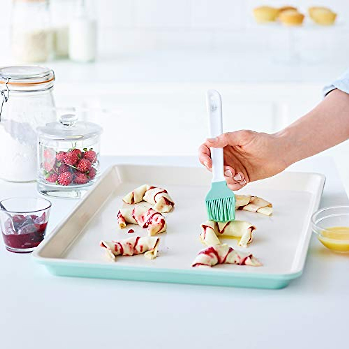 GreenLife Cooking Tools and Utensils, 5 Piece Nylon and Silicone Baking Set with Spatulas Wisk and Brush, Dishwasher Safe, Turquoise