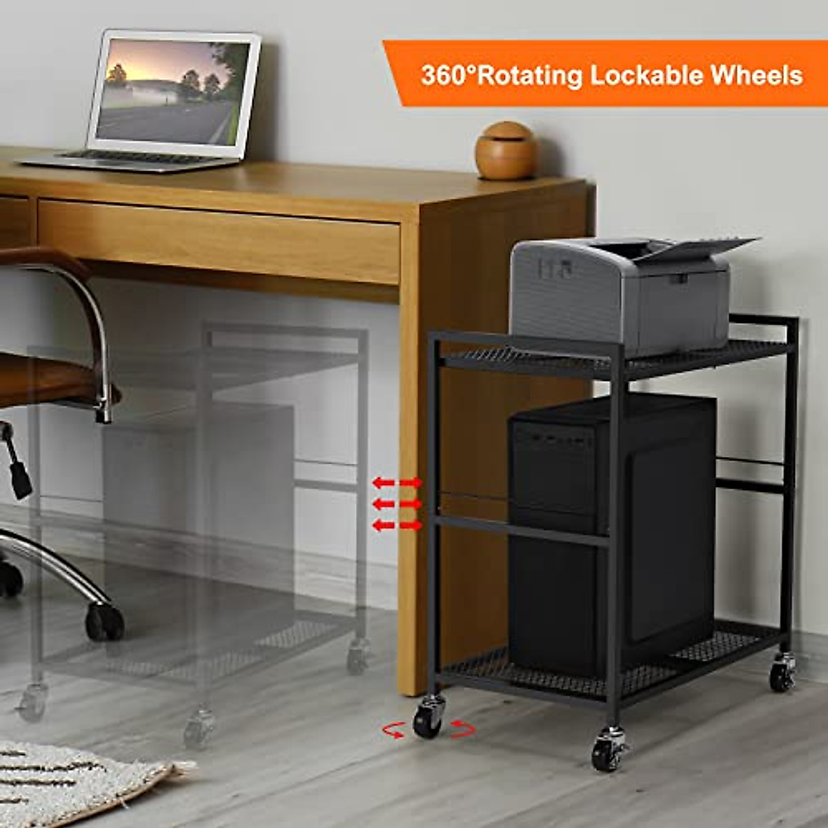 YBING Computer Tower Stand PC Tower Stand, Mobile CPU Holder Stand Cart with Caster Wheels Metal 2 Tier Rolling Printer Cart for Fax Home Office Black