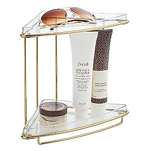mDesign Steel/Plastic Freestanding Countertop Corner Shelf Organizer with 2-Tier Storage for Bathroom, Vanity, Cabinet, Counter - Holds Makeup, Bath Gel - Prism Collection - 2 Pack - Clear/Soft Brass