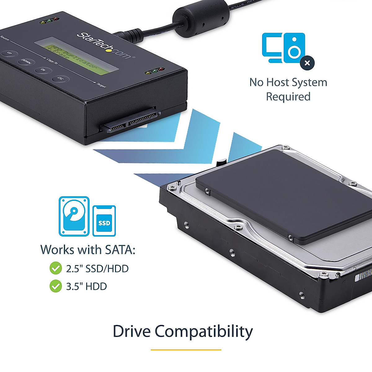 StarTech.com 1:1 Standalone Hard Drive Duplicator & Eraser, SATA HDD / SSD Disk Cloner / Copier / Wiper / Sanitizer, Cloning / Recovery Tool, LCD Display, TAA Compliant, OS Independent (SATDUP11)