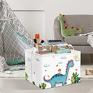 Clastyle Blue Dinosaur Baby Playing Trees Shelf Basket for Kids Room Butterflies Clouds Rectangle Book Toy Clothes Cube Storage Basket, 36L