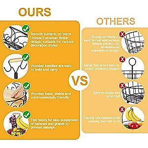 ETECHMART Fruit Basket, Vegetables Countertop Bowl Storage With Banana Hanger, Detachable Bread, Snacks Baskets Holder Large Capacity Fruit Tray (Bamboo&Iron - 3 Tier)