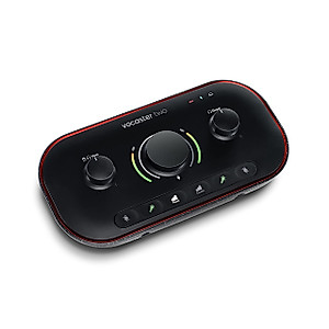 Focusrite Vocaster Two — Podcasting Interface for Recording Host and Guest. Two Mic Inputs and Two Headphone Outputs, with Auto Gain, Enhance, and Mute. Small, Lightweight, and Powered by Computer.