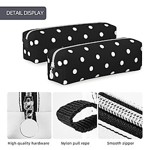 Ykklima Leather Pencil Case - Polka Dot Black and White Simple Pattern, Stationery Bag Pen Organizer Makeup Cosmetic Holder Pouch for School Work Office College