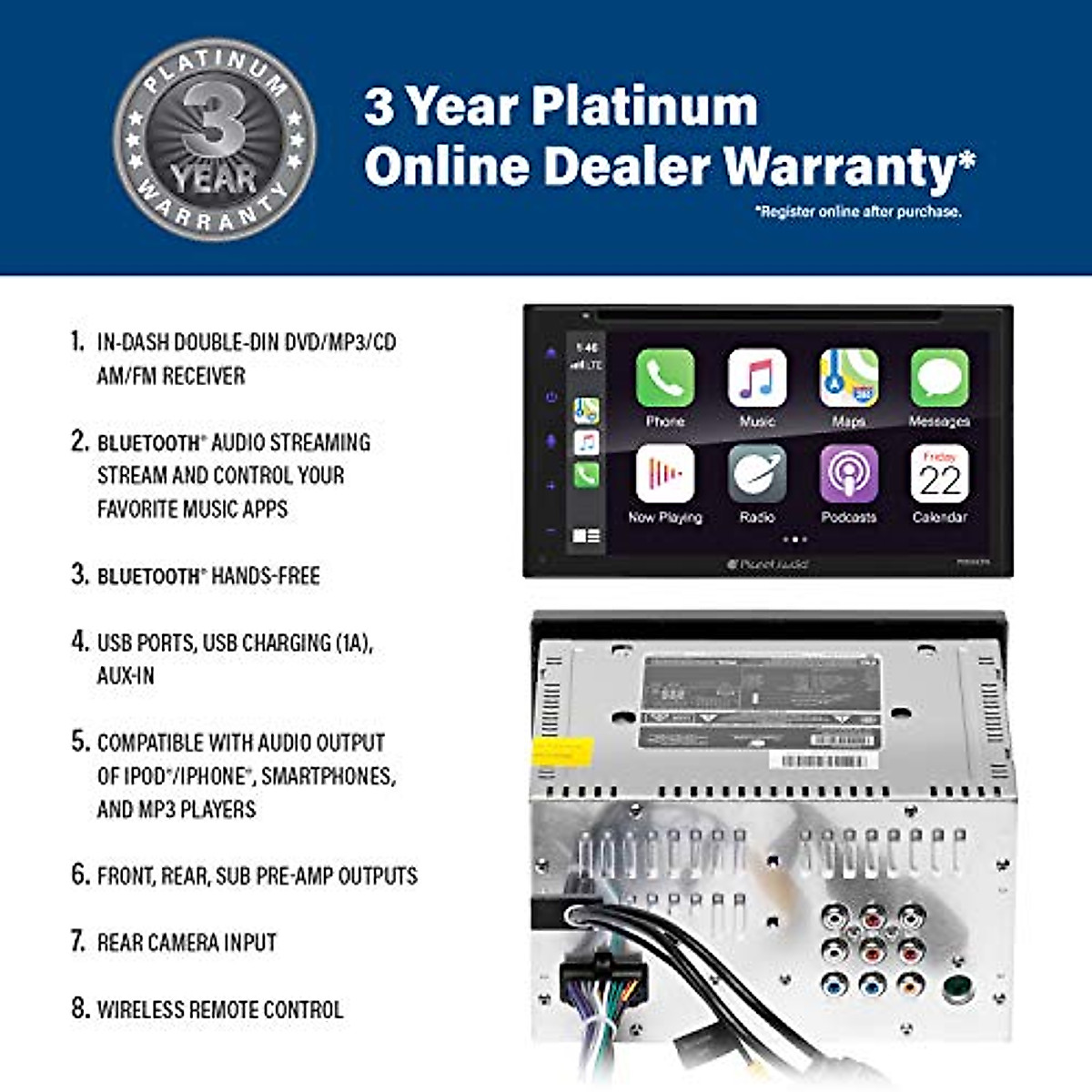 Planet Audio P9950CPA Apple Carplay Android Auto Car Multimedia Player - Double-Din, 6.75 Inch LCD Touchscreen, Bluetooth, MP3-DVD-CD-USB-Aux in, Am/FM Car Radio, Multi Color Illumination