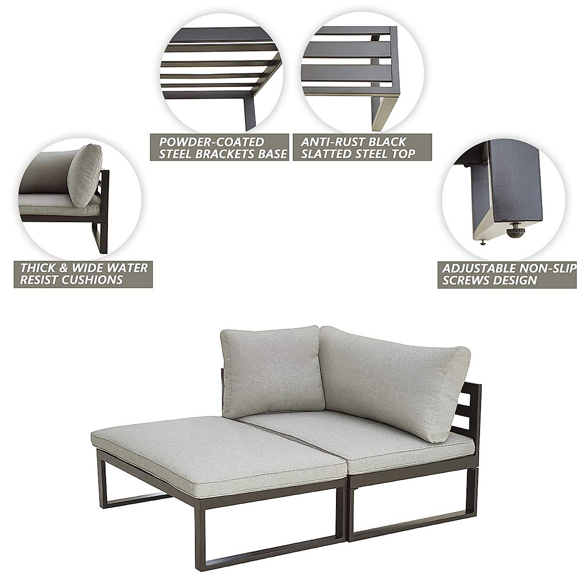 Festival Depot 2 Pieces Patio Furniture Outdoor Conversation Set Metal Corner Sectional Sofa Couch Patio Armrest Chair Cushioned Lounger with Ottomans