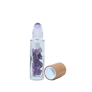 Wresty 10ml Roll On Bottle With Gemstone Rollerball&Crystal Chips Inside,10 Packs Glass Roller Bottles Essential Oil Sample Bottles(Bamboo Lids)