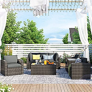 BIADNBZ 7 Piece Outdoor Patio Furniture Set for 6,All-Weather Wicker Sectional Sofa with a Loveseat and Storage Box, Rattan Conversation Couch with Glass Table for Garden Backyard, Grey