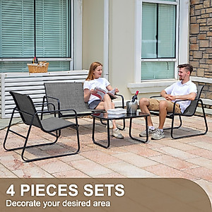 PIZZELLO 4 Pieces Patio Furniture Set Outdoor Garden Patio Conversation Sets with 2 Porch Chairs, Loveseat and Glass Coffee Table, Textilene Bistro Set (Black and Grey)