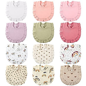Geyoga 12 Pcs Baby Muslin Bibs Unisex Drool Teething Bibs, Adjustable Drool Bibs Feeding Cloth Bibs Baby Bibs for Girls Boys Newborn Baby Toddlers Infants