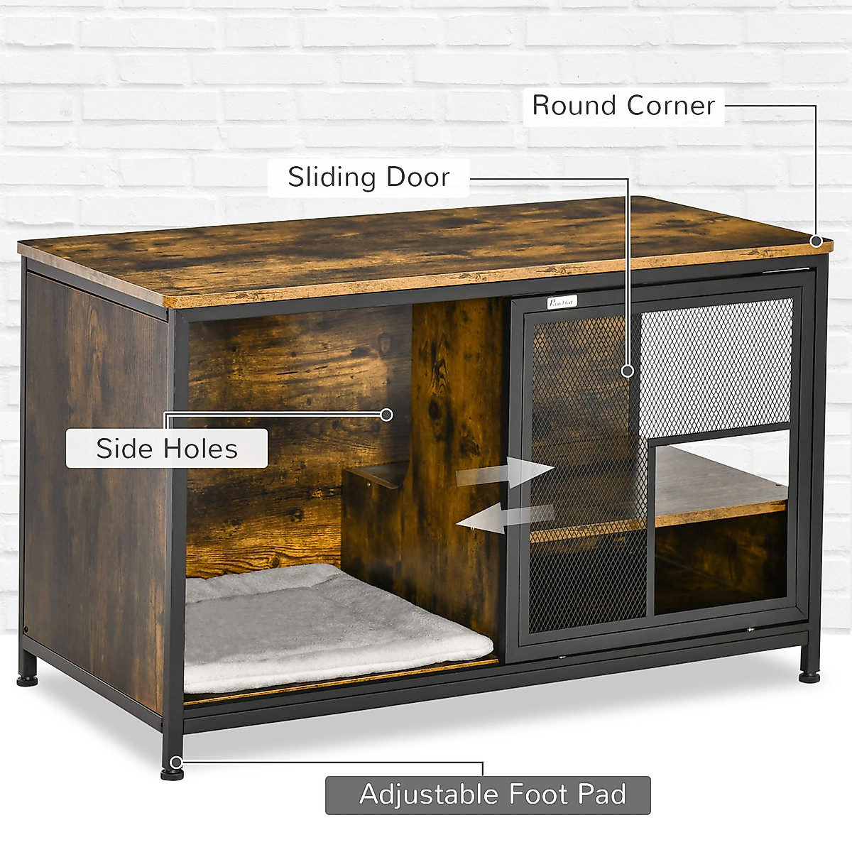 PawHut Cat Kennel, Furniture Style Dog Cage, Wood & Steel End Table Pet House with Cushion and Sliding Doors, Rustic Brown