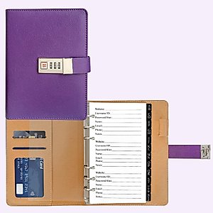 Refillable Password Book with Alphabetical Tabs & Lock, 7.5x5.5in, Hardcover Password Keeper Book of Internet Website, Password Notebook & Organizer for Home Office, w/Pockets, Purple