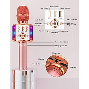 Ankuka Karaoke Microphone for Kids, Bluetooth Karaoke Microphone with LED Lights,Portable 4 in 1 Wireless Microphone Toys Christmas Birthday Gift Home Party Kids Toys for Girls Boys Adults(Rose Gold)