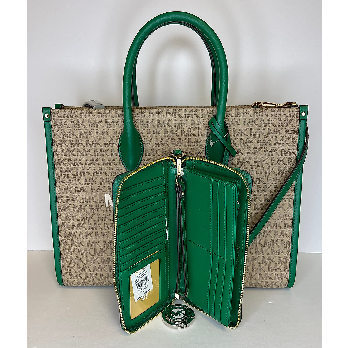 Michael Kors Mirella MD EW Logo Tote Bag bundled with Large Continental Wallet and Purse Hook (Palmetto Green)