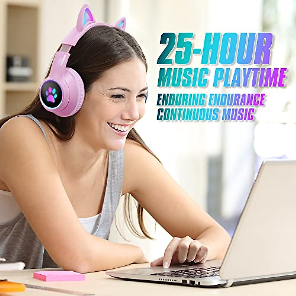 Mokata Gaming Bluetooth 5.0 Wireless Headphones Over Ear Cat LED Light Foldable Music Headset with AUX 3.5mm Microphone (Built-in) for Adult & Kids PC TV Game Music Pad Laptop Cellphone Pink