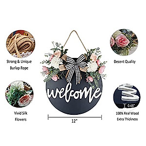 Welcome Sign for Front Door, Farmhouse Porch Décor Wooden Hanging Round Sign 12" Black-Floral