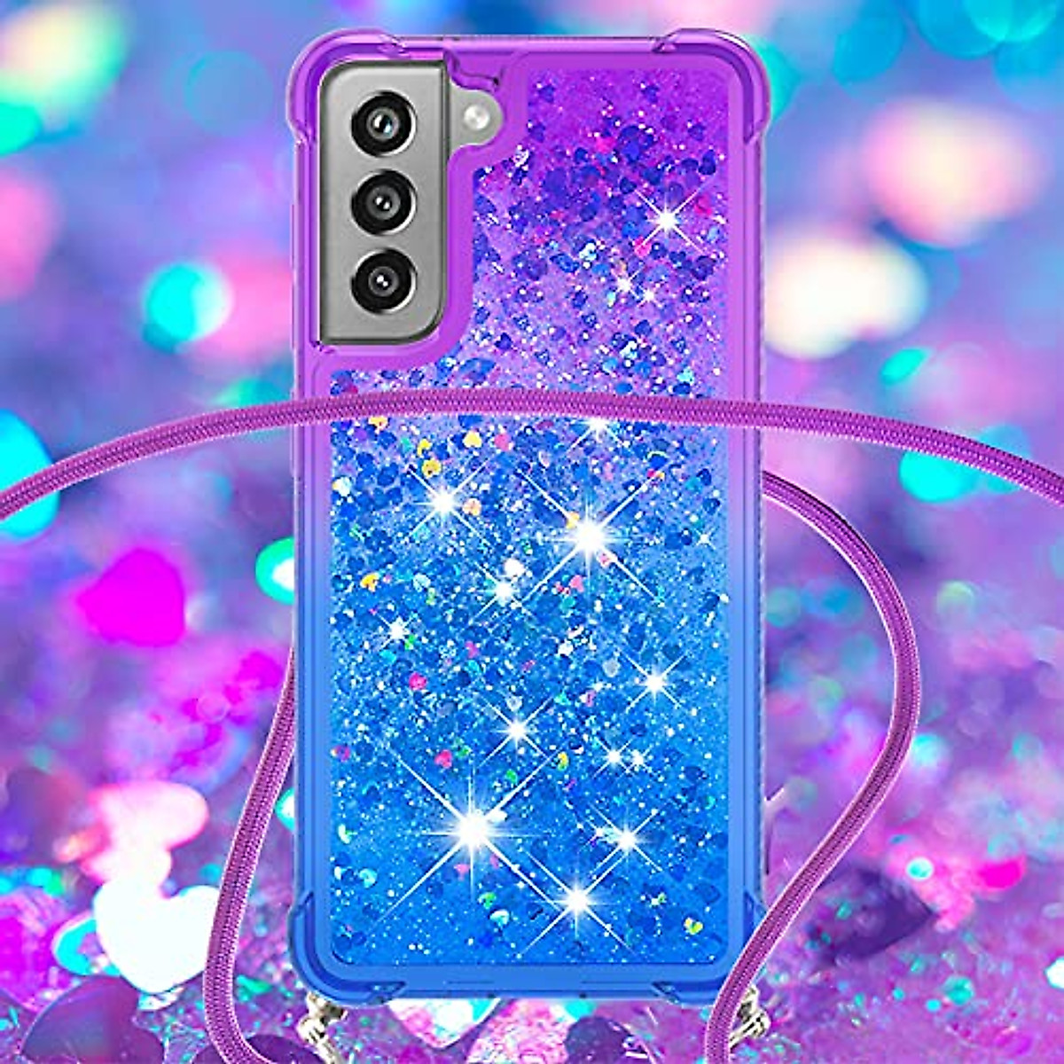 CCSmall Samsung Galaxy S21 FE (Not S21) Case,Strap Crossbody Gradient Quicksand Bling Sparkle Flowing Liquid Floating with Neck Cord Lanyard Strap Cover for Samsung Galaxy S21 FE LSGS Purple Navy