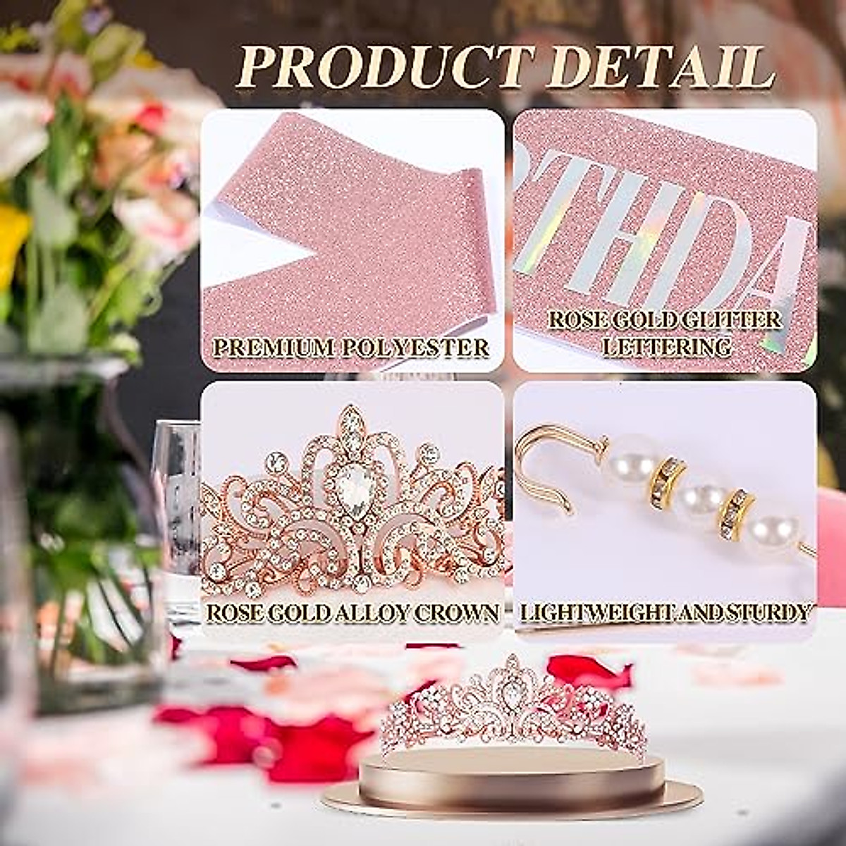 LMJUNZZ Rose Gold Birthday Princess Sash and Crown Set, Adjustable Glitter Sash Rhinestone Crown, Brooch, for Girls' Birthday Decorations