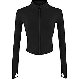 Yeokou Womens Active Zip Up Seamless Sports Running Track Jacket Tops with Thumbhole（Black-M）