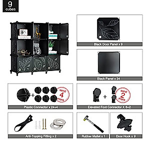 GREENSTELL Cube Storage Organizer, 9-Cube Closet Organizer with Doors, DIY Plastic Storage Cubes Organizer, Modular Storage Cabinet Book Shelf Shelving for Bedroom, Living Room, Office Black