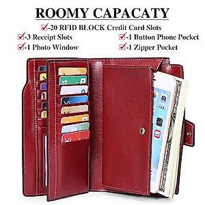 SENDEFN Long Women Leather Wallet Clutch RFID Blocking Clutch Card Holder Ladies Purse Zipper Pocket with Gift Box (Red)