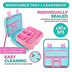 Kinsho Bento Lunch Box for Kids Toddlers, 5 Portion Control Sections, BPA Free Removable Plastic Tray, Pre-School Kid Toddler Daycare Lunches, Snack Container Ages 3 to 7 (Aqua Cat Mermaid)